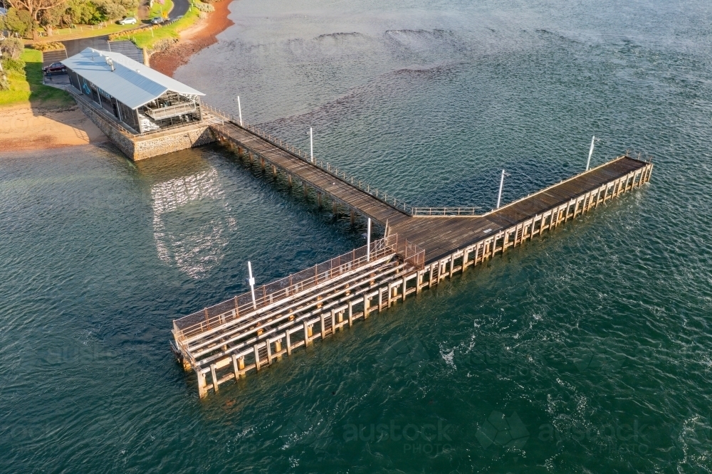 Image of Aerial view of a restaurant at the base of a T shaped jetty on ...