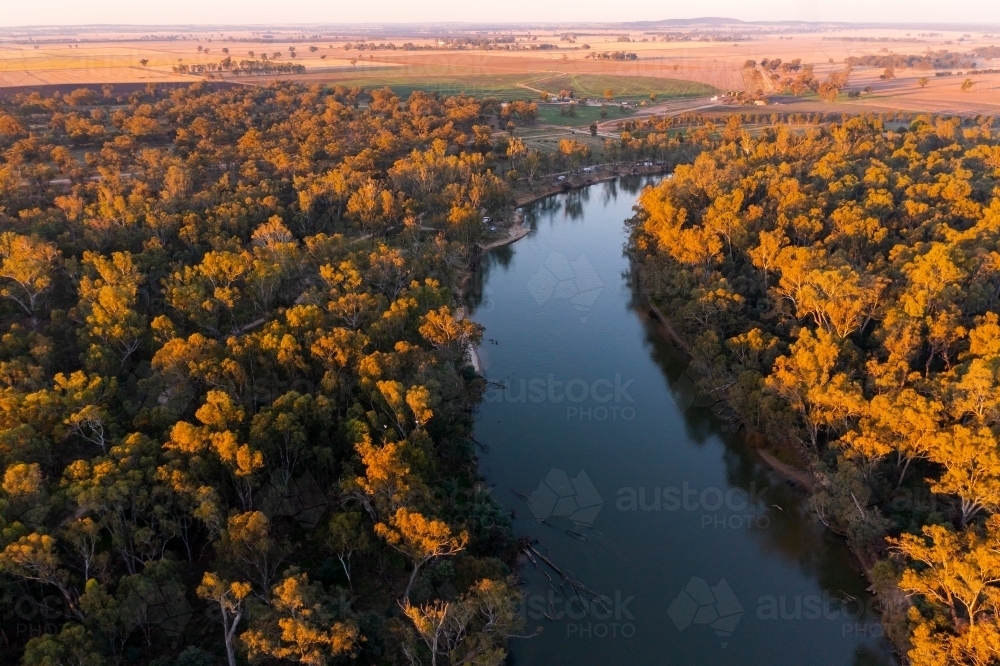 Image of Aerial view of a river winding through a forest in late ...