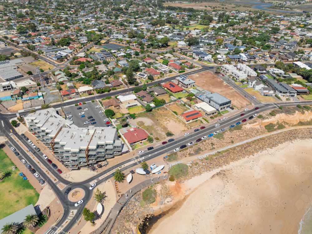 Image of Aerial view of a roundabout on a coastal seaside esplanade ...