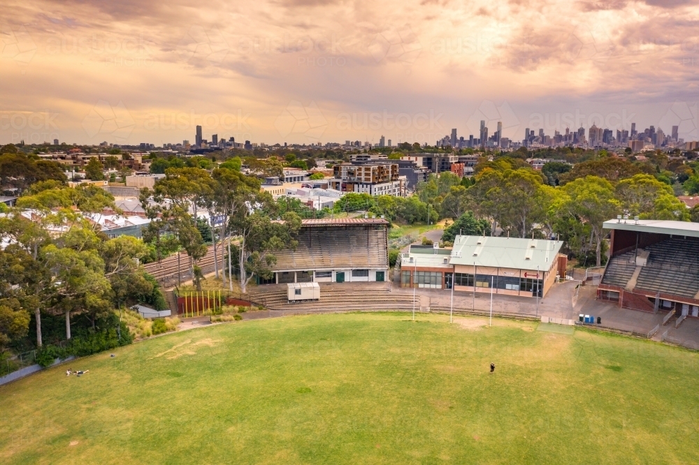 Image of Aerial view of a suburban football oval and grandstand at ...