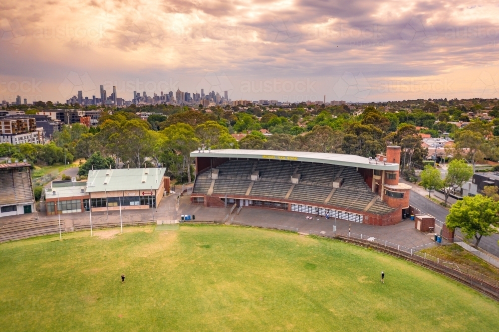 Image of Aerial view of a suburban football oval and grandstand at ...