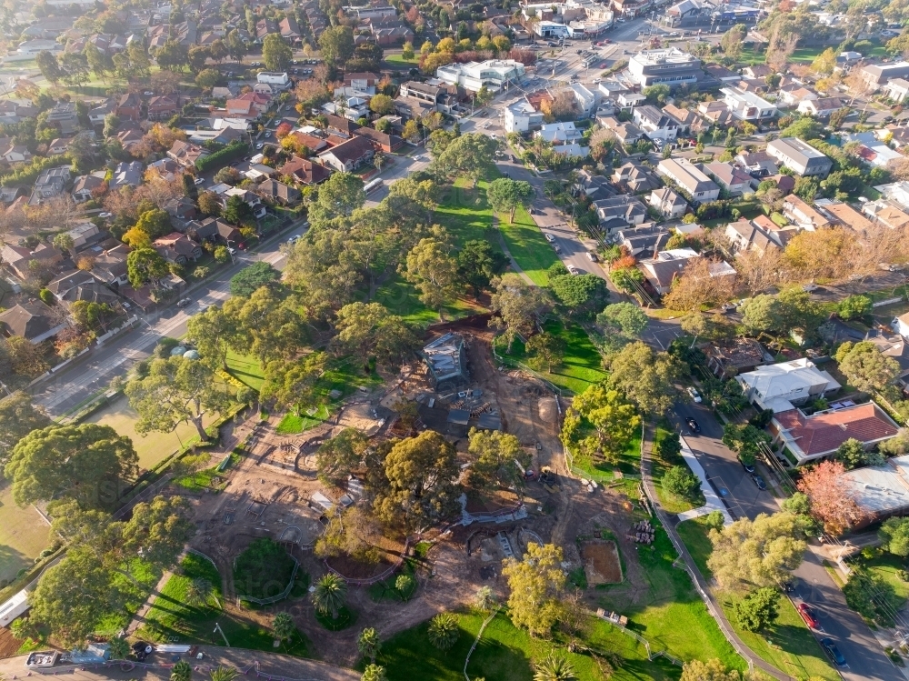 Image of Aerial view of a suburban park playground under construction ...