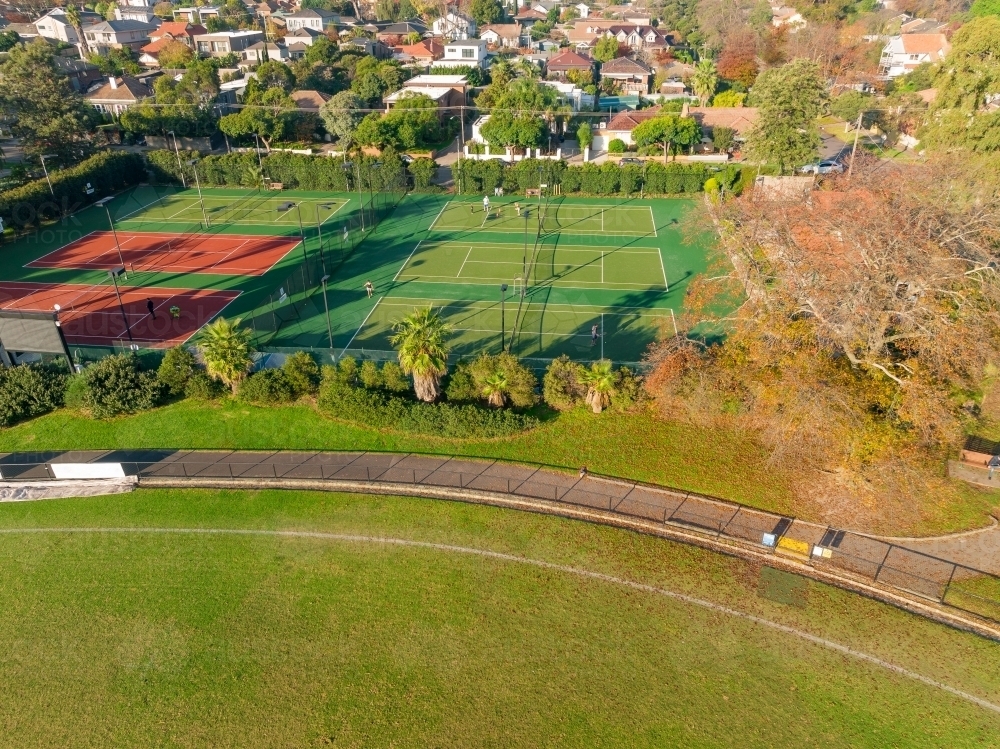 Image of Aerial view of a suburban sports oval and tennis courts in Kew ...