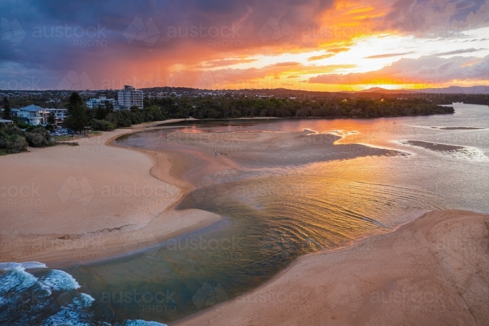 Image of Aerial view of a sunset sky over an inland lake system ...