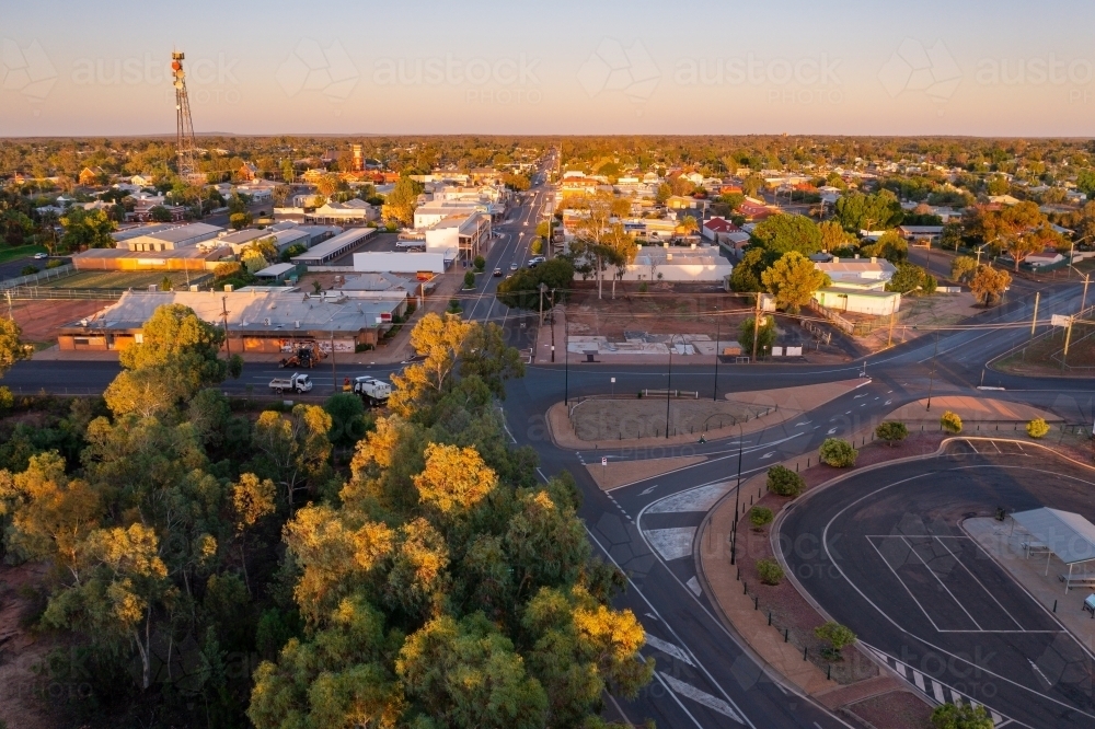 Image of Aerial view of a traffic rest stop on the edge of an outback ...