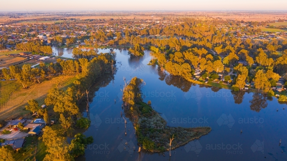 Image of Aerial view of a winding river lined with gum trees in golden ...