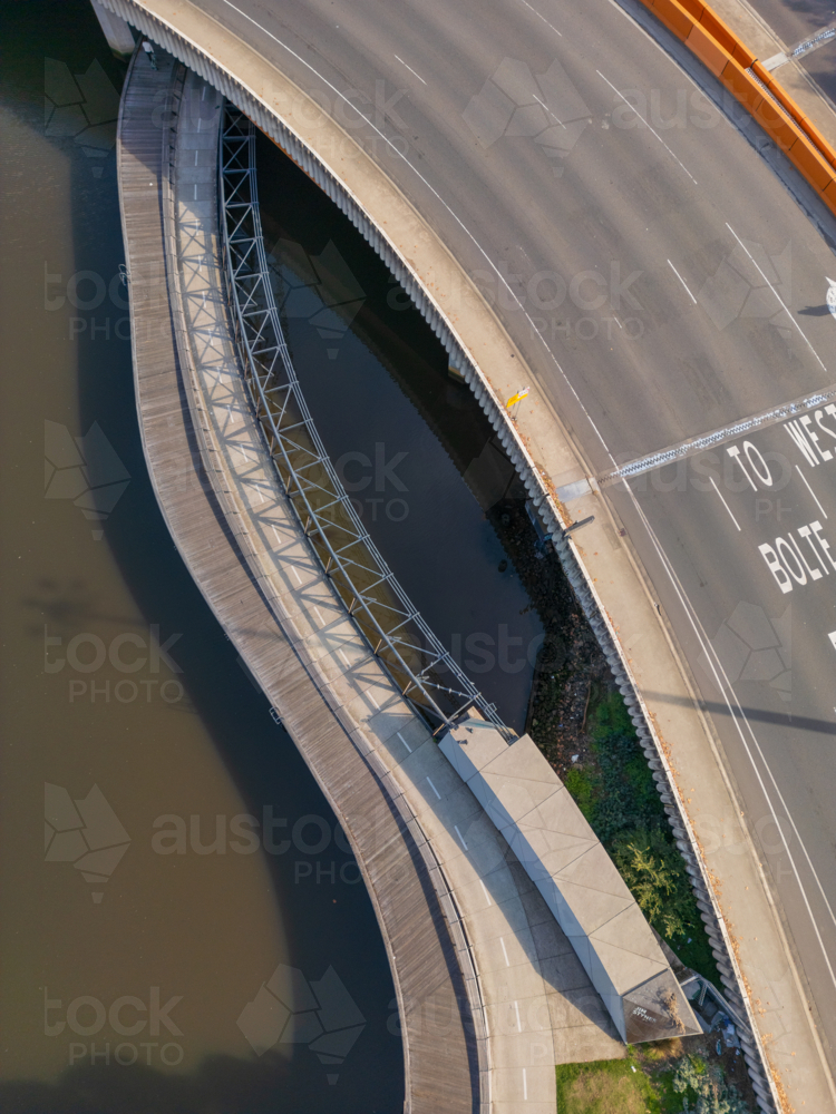 Image of Aerial view of an empty multi laned highway over an inner city ...