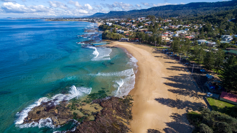Image of Aerial view of Austinmer Beach and Illawarra coast. - Austockphoto