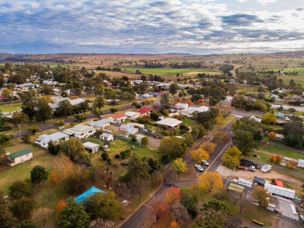 Image of Aerial view of Australian country town of Merriwa with houses ...