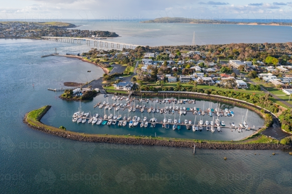 Image of Aerial view of boats and yachts anchored in a sheltered marina ...