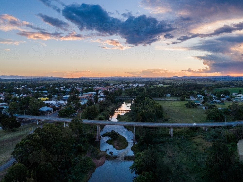 Image of Aerial view of bridges crossing Hunter River in country town ...