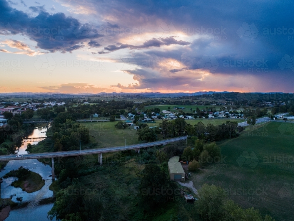 Image of Aerial view of bridges crossing Hunter River in country town ...