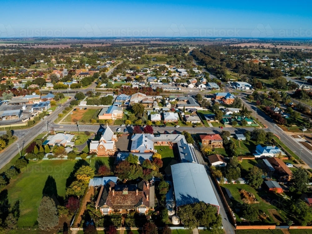 Image of Aerial view of bright morning sunlight shining on rooves of ...