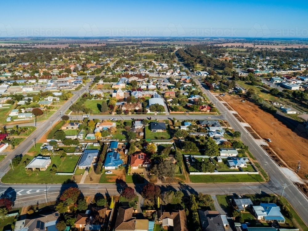 Image of Aerial view of bright morning sunlight shining on rooves of ...