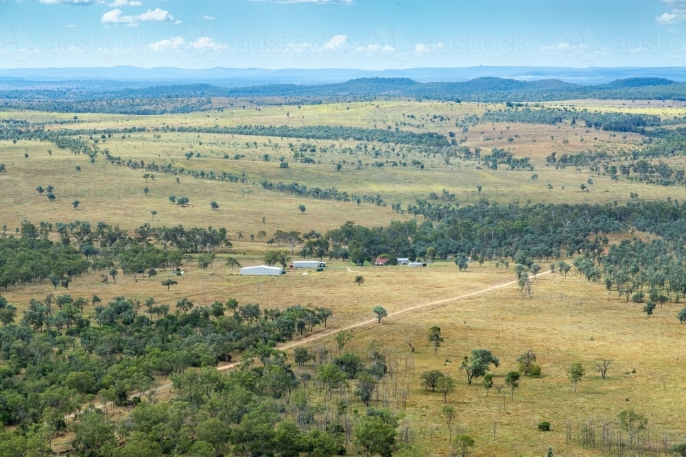 Image of Aerial view of cattle property and sheds. . - Austockphoto