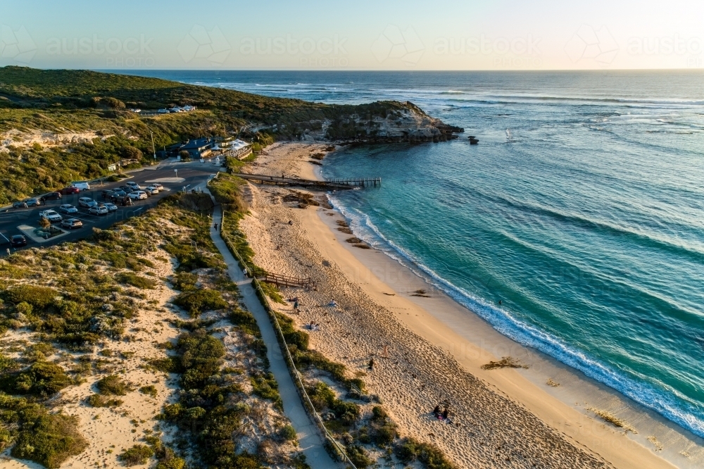 Image of Aerial view of coastal path, headland, and ocean - Austockphoto