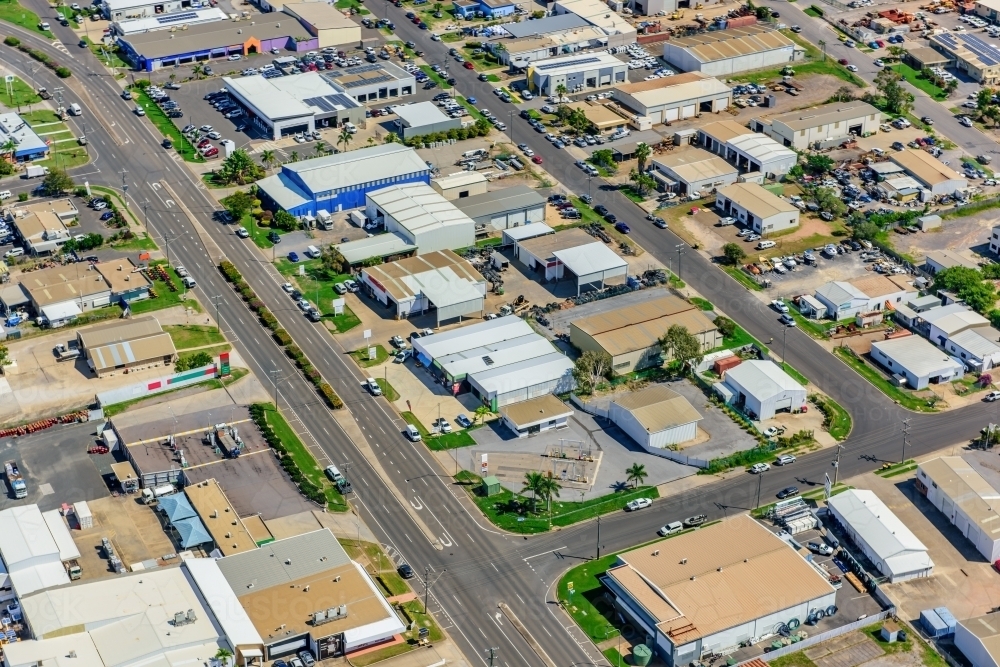Image of Aerial view of commercial and industrial area - Austockphoto