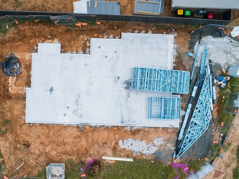 Image of Aerial view of concrete slab for new house build - Austockphoto