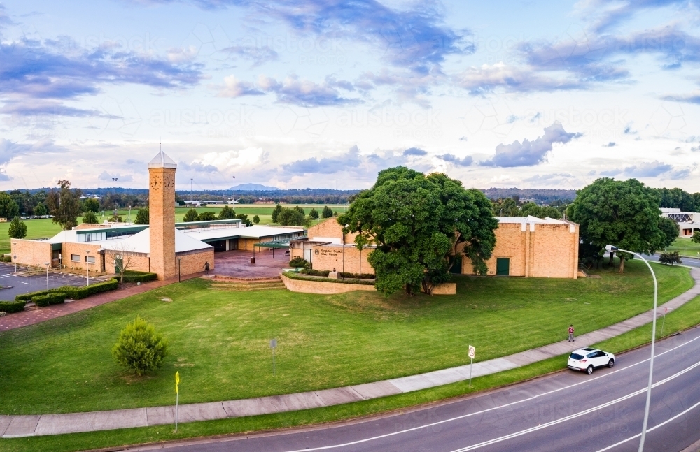 Image of Aerial view of council building civic centre and clock tower ...