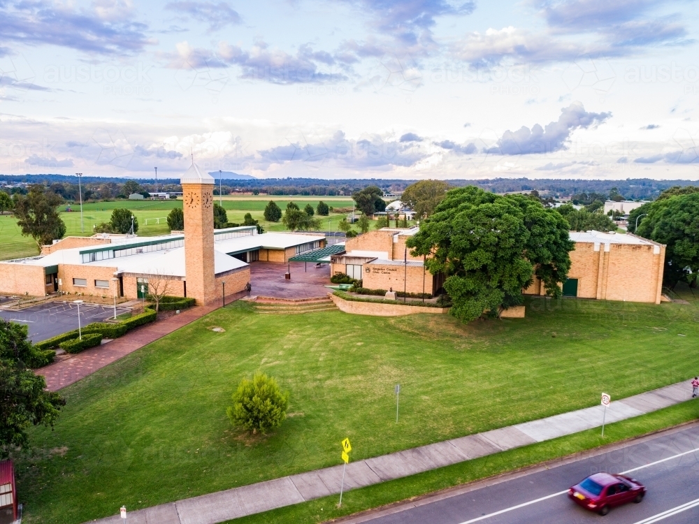 Image of Aerial view of council building civic centre and clock tower ...