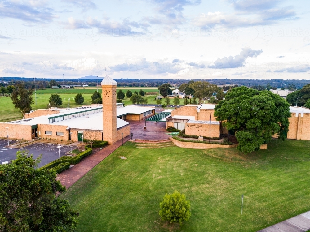 Image of Aerial view of council building civic centre and clock tower ...