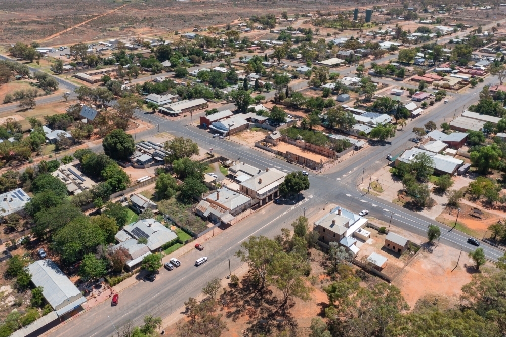 Image of Aerial view of crossroads in a remote outback town - Austockphoto