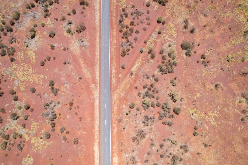 Image of Aerial view of desert road with surrounding shrubbery ...