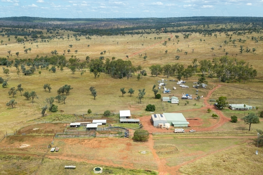 Image of Aerial view of farm homestead and camp sites. - Austockphoto