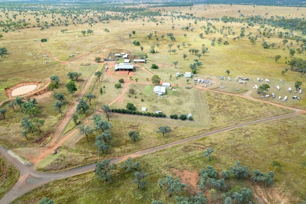 Image of Aerial view of farm homestead and camp sites. - Austockphoto