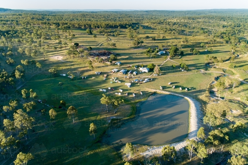 Image of Aerial view of farm homestead, cattle yards, dam, and camp ...