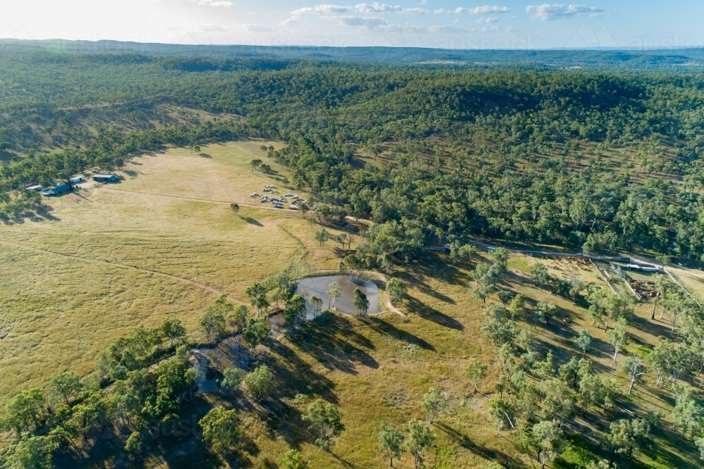 Image of Aerial view of farm homestead, dam, and cattle yards ...