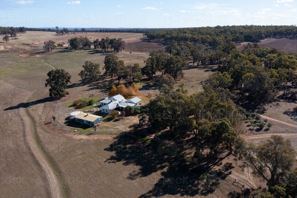 Image of Aerial view of farm homestead surrounded by farmland and trees ...