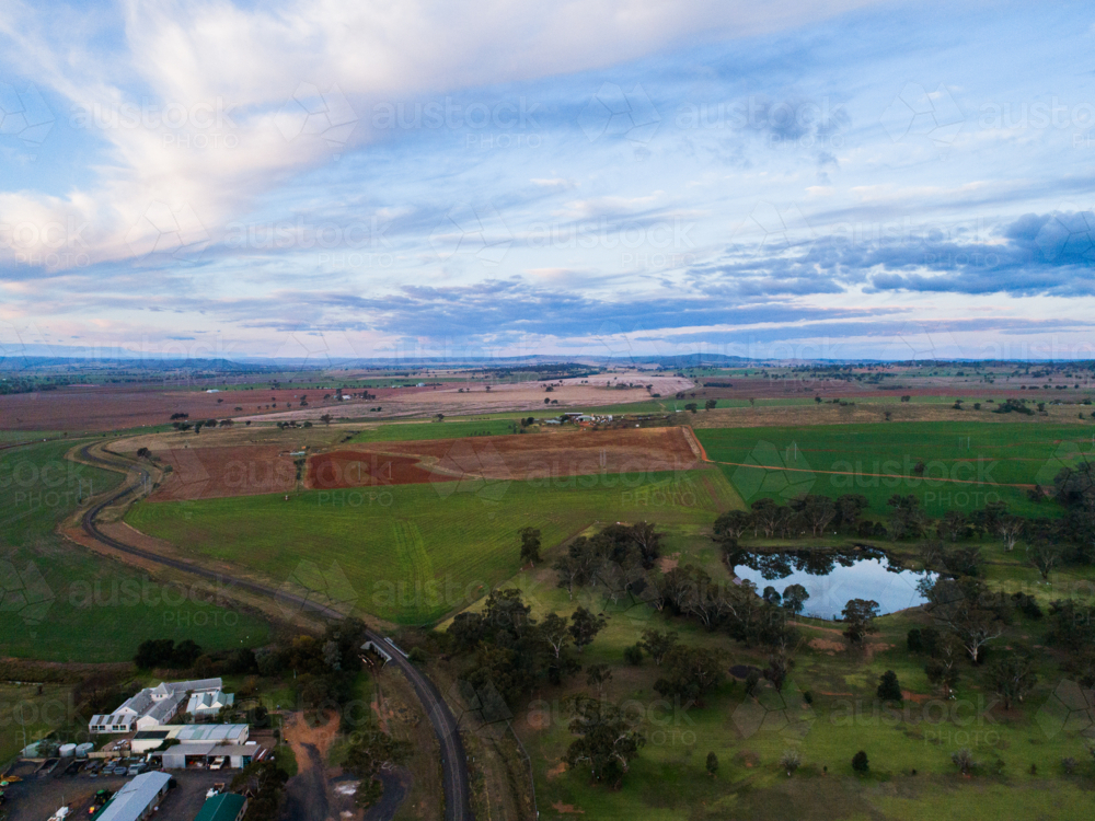 Image of aerial view of farmland landscape with dam in central western ...