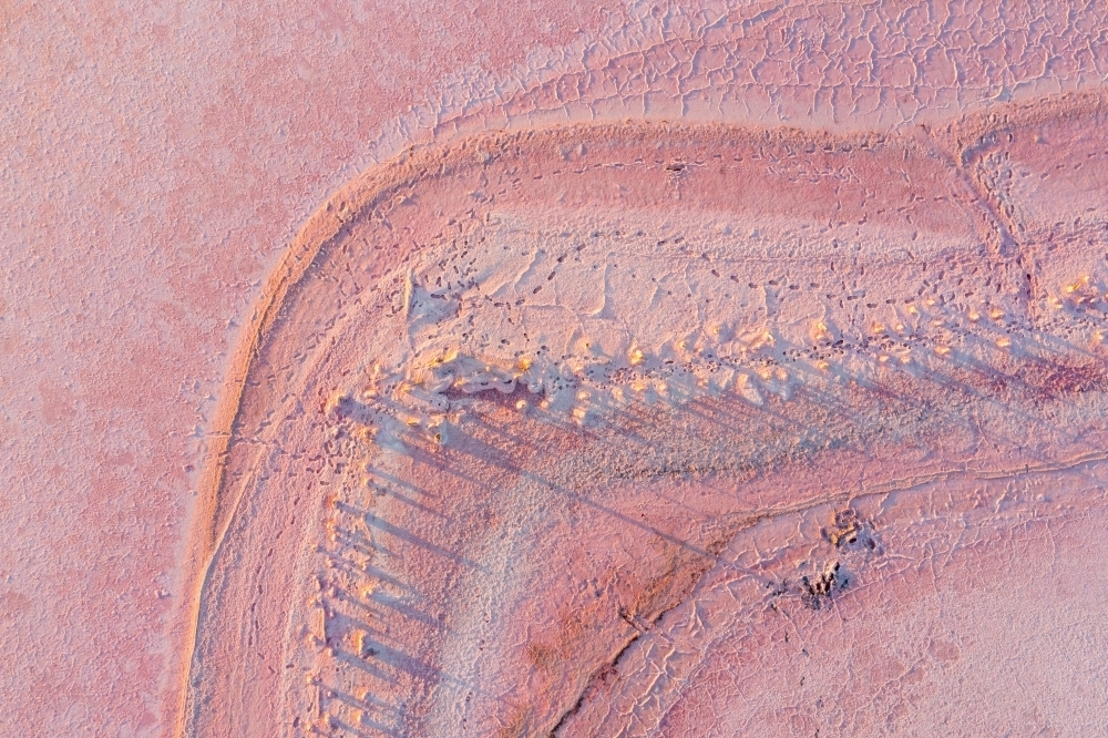 Image of Aerial view of fence line detail through a pink salt Lake ...