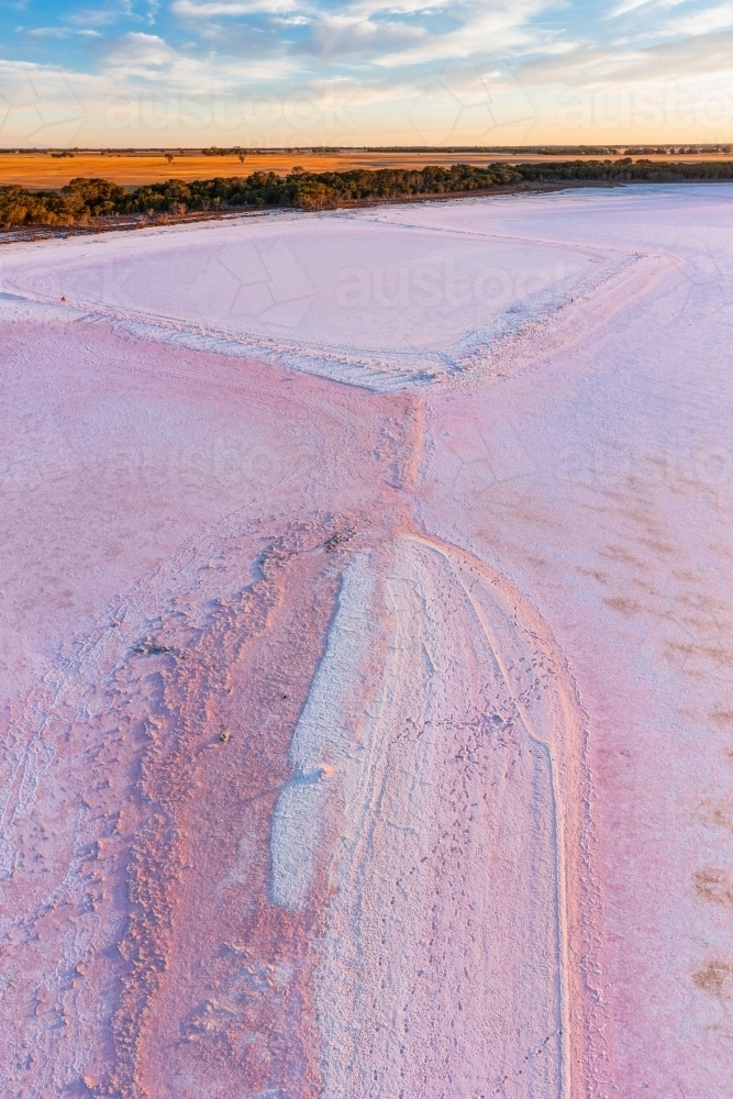 Image of Aerial view of fence line detail through a pink salt Lake ...