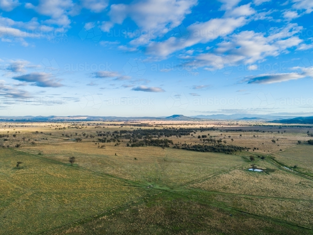 Image of Aerial view of flat Aussie farm paddock with sunlight on grass ...