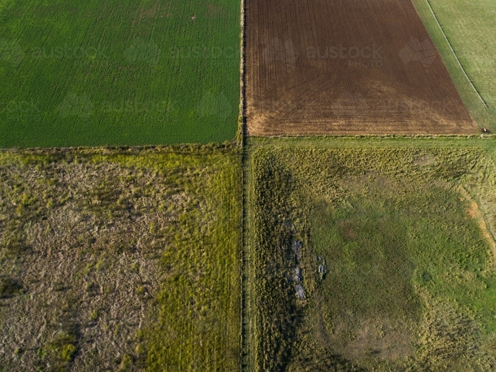 Image of aerial view of four farm paddocks - Austockphoto