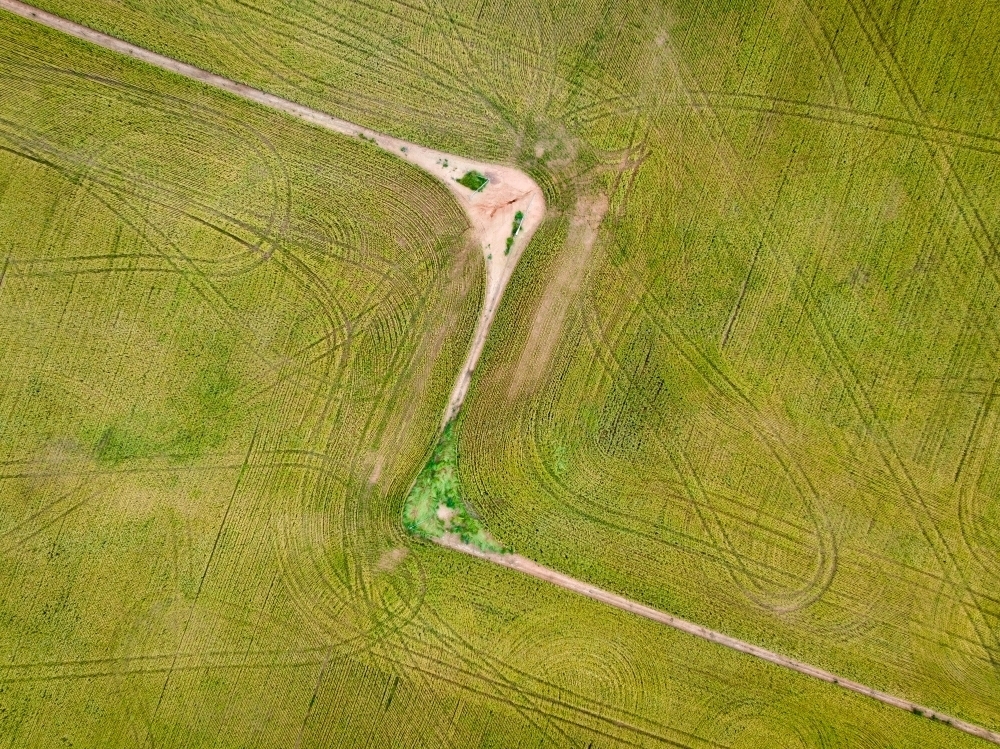 Image of Aerial view of harvester lines and patterns in a rural paddock ...