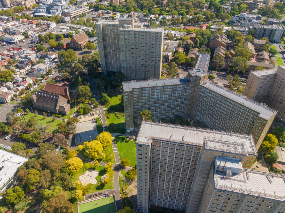 Image of Aerial view of high rise apartment buildings in a metropolitan ...