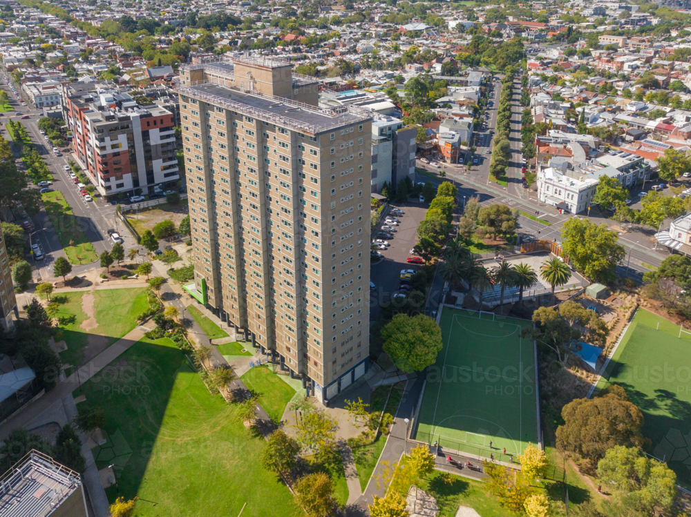 Image of Aerial view of high rise apartment buildings in a metropolitan ...