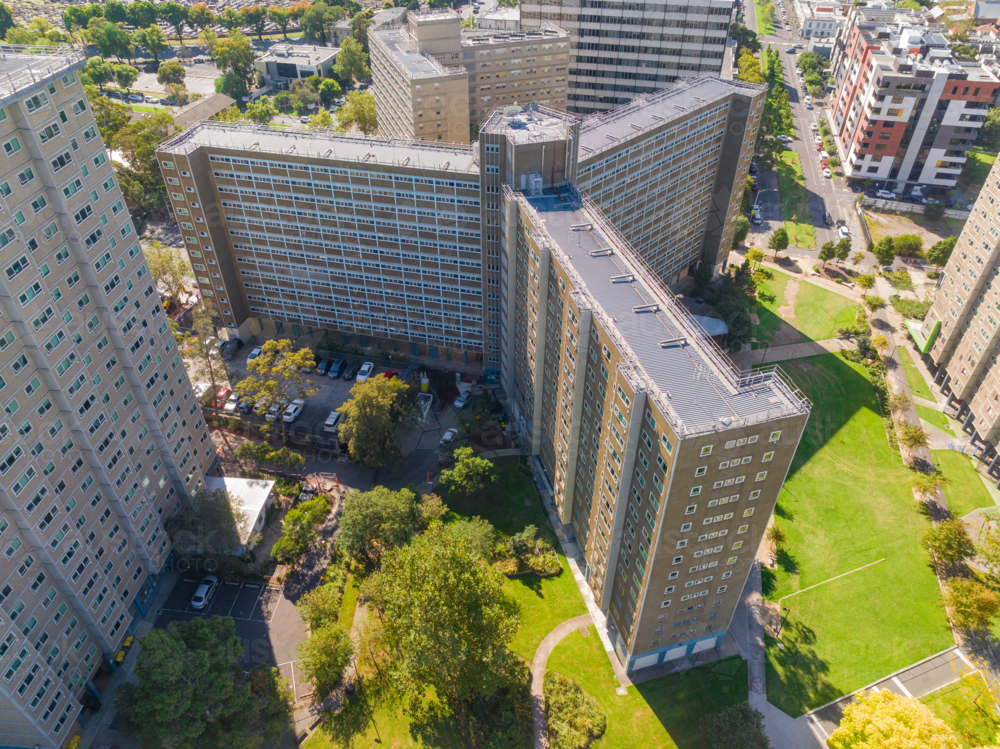 Image of Aerial view of high rise apartment buildings in a metropolitan ...