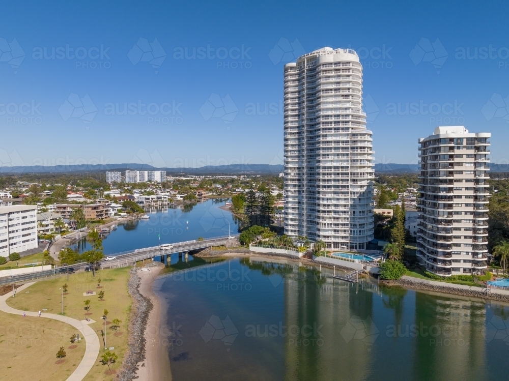 Image of Aerial view of high rise apartment towers along a waterfront ...