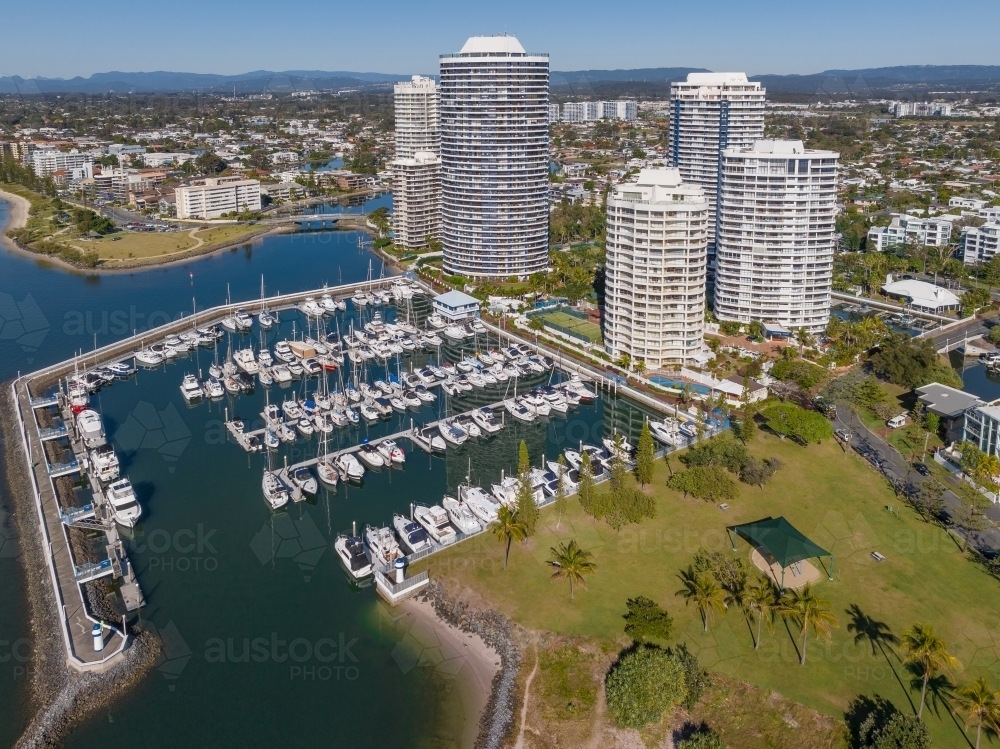 Image of Aerial view of high rise apartment towers and a boat marina ...