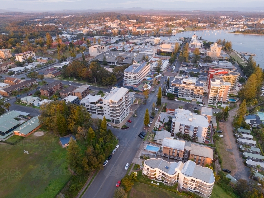 Image of Aerial view of high rise buildings down both sides of a busy ...