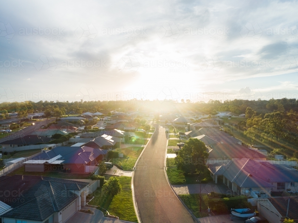 Image of Aerial view of houses along street in town with green lawns ...