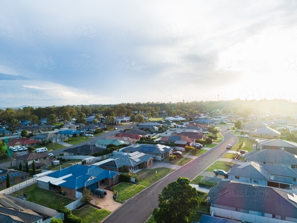 Image of Aerial view of houses along street in town with green lawns ...