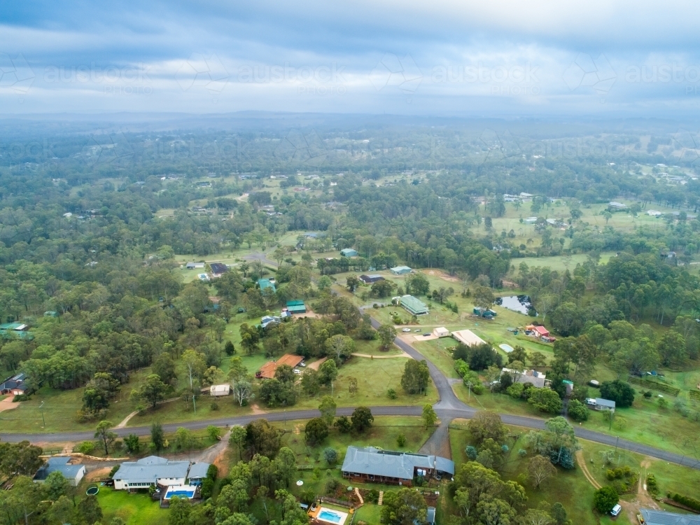 Image of Aerial view of houses and properties in rural residential area ...