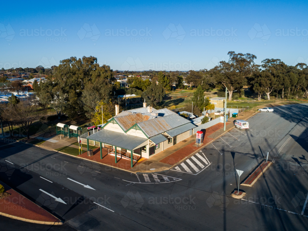 Image of aerial view of intersection of roads and old post office in ...