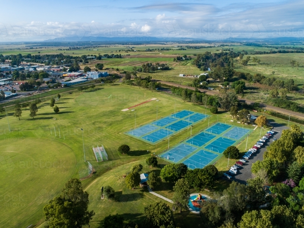 Image of Aerial view of long jump track and pit at Cook Park beside ...