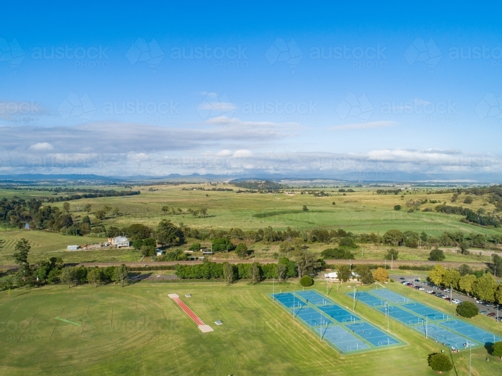 Image of Aerial view of long jump track and pit at Cook Park beside ...